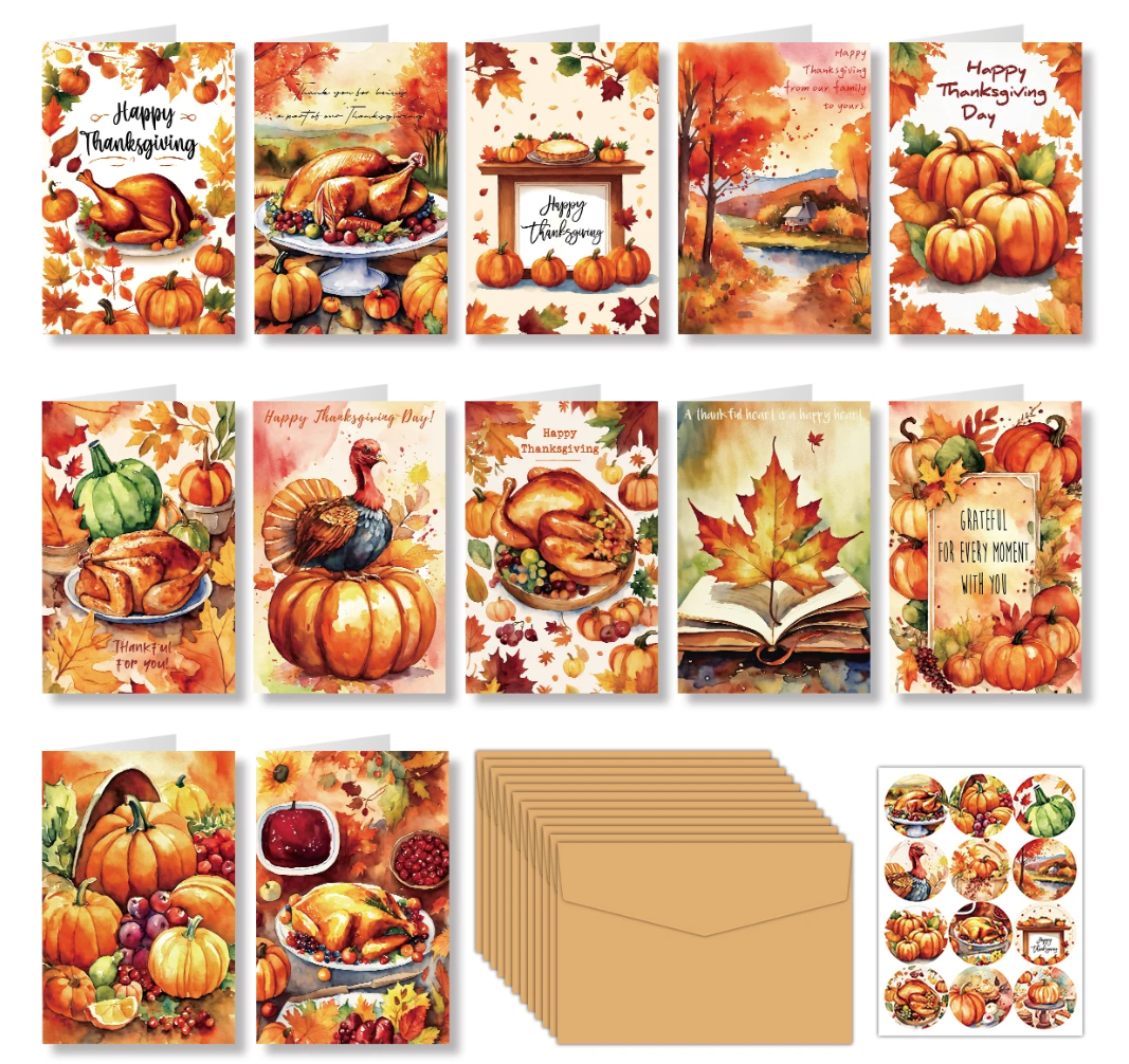 12 Sets Thanksgiving Cards with Envelopes and Sticker – USTAMPS